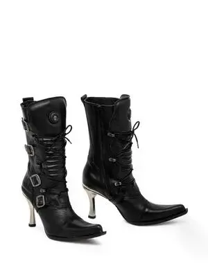 NEW ROCK 100mm Buckle Heel Leather Boots