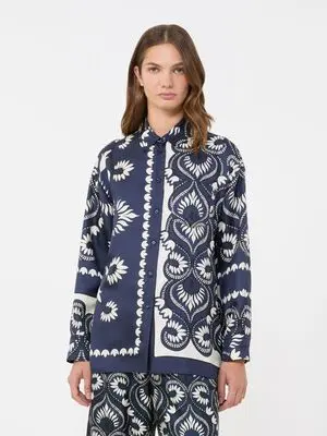 Max Mara Printed Silk Twill Patchwork Shirt - Navy