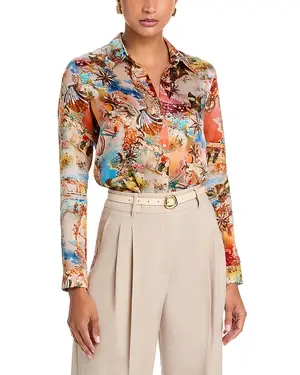 L'Agence Tyler Silk Printed Split Neck Blouse - Multi Collage