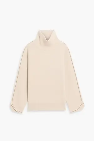 Brunello Cucinelli Bead-embellished Ribbed Cashmere Turtleneck Sweater - Beige