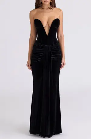 House Of Cb Vienne Deep Plunge Neck Velvet Gown - Black
