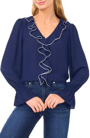 CECE DUPRAZ Ruffle V-neck Top - Classic Navy