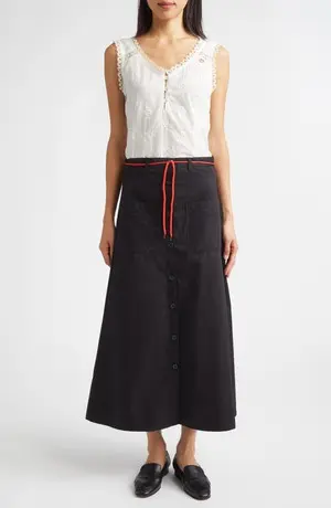 KUR Shoelace Belt Patch Pocket A-line Midi Skirt