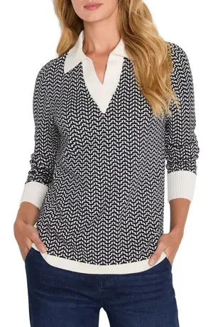 NIC+ZOE Two-tone Jacquard Cotton Blend Sweater - Indigo Multi