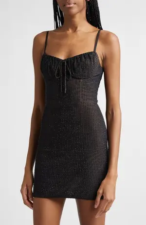 AREA Crystal Hotfix Mesh Minidress - Black