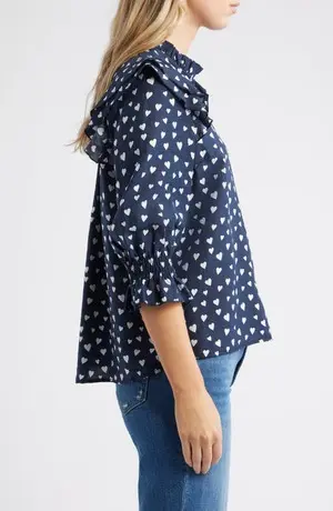 Caslon Printed Ruffle Top - Navy- White Floating Hearts