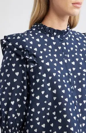 Caslon Printed Ruffle Top - Navy- White Floating Hearts