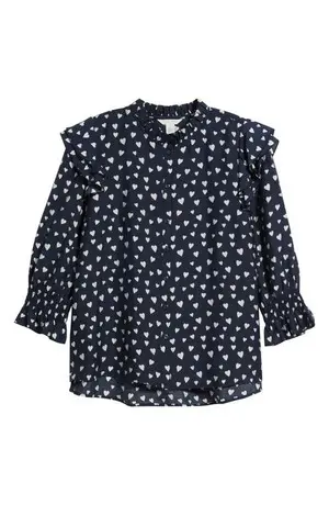 Caslon Printed Ruffle Top - Navy- White Floating Hearts