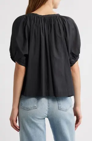 DÔEN Gingham Organic Cotton Puff Sleeve Blouse - Black