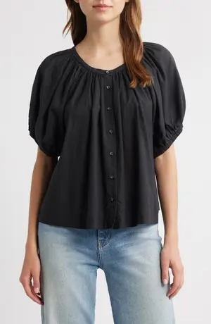 DÔEN Gingham Organic Cotton Puff Sleeve Blouse - Black