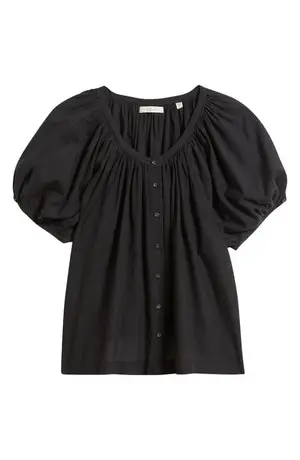 DÔEN Gingham Organic Cotton Puff Sleeve Blouse - Black