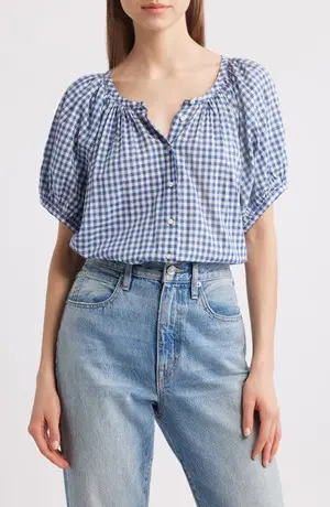 DÔEN DÔEN Gingham Organic Cotton Puff Sleeve Blouse Blue Gingham