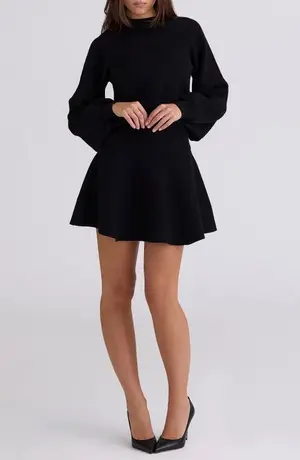 House Of Cb Flared Wool-blend Miniskirt - Black