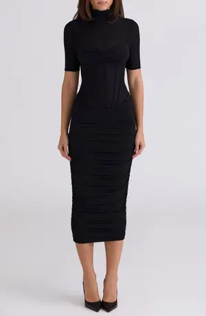 House Of Cb Sorrel Corset Stretch Mesh Midi Dress - Black