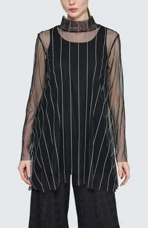 LUUKAA Striped Mesh Layered Blouse - Black Ecru