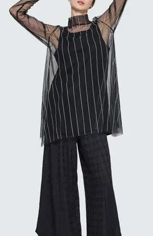 LUUKAA Striped Mesh Layered Blouse - Black Ecru