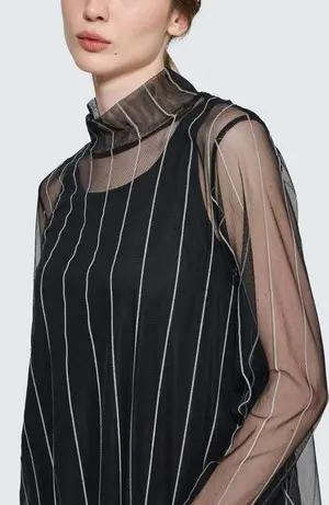 LUUKAA Striped Mesh Layered Blouse - Black Ecru