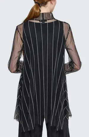 LUUKAA Striped Mesh Layered Blouse - Black Ecru
