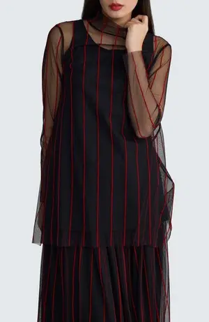 LUUKAA Striped Mesh Layered Blouse - Black Red