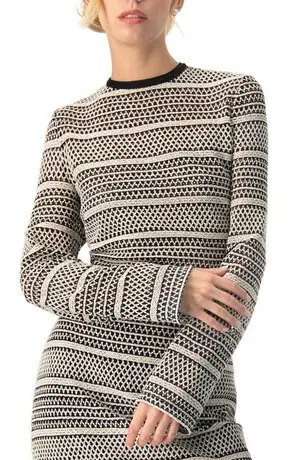 IVONNE Long Sleeve Knit Crop Top With Abstract Pattern - Black
