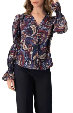 IVONNE V-neck Paisley Printed Shirt With Smocked Sleeves