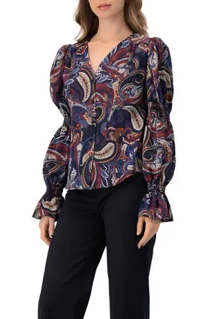IVONNE V-neck Paisley Printed Shirt With Smocked Sleeves