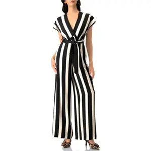 IVONNE Striped V-neck Jumpsuit With Waist Tie - Black