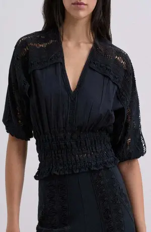 SCALPERS Lace Embroidered Cotton Top - Black