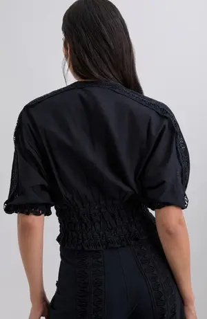 SCALPERS Lace Embroidered Cotton Top - Black
