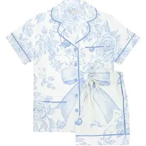 KIP Toile Bow Print Short Pajama Set - Blue Bow