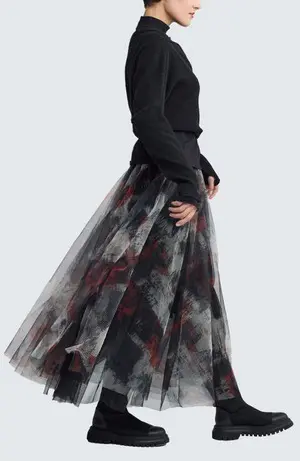 LUUKAA Printed Tulle Maxi Skirt