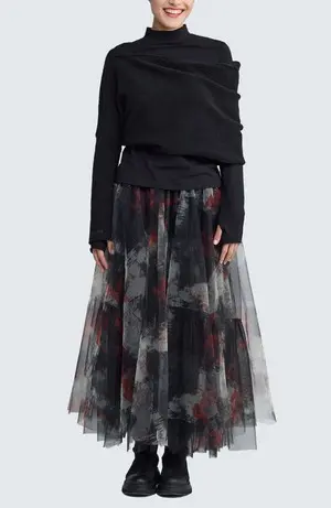 LUUKAA Printed Tulle Maxi Skirt - Red Print