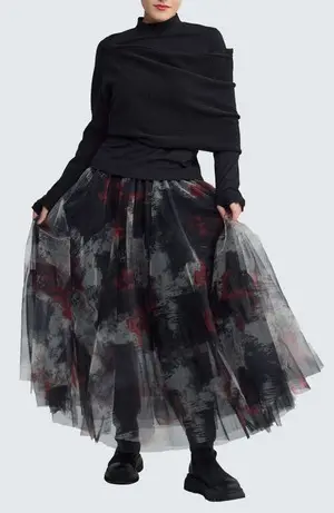 LUUKAA Printed Tulle Maxi Skirt - Red Print