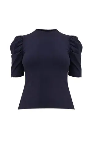 IVONNE Puff Shoulder Ribbed-knit T-shirt - Navy Blue