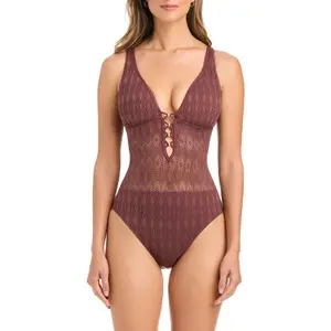 BLEU BY ROD BEATTIE Lace Overlay One-piece Swimsuit - Coffee