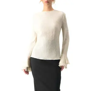 IVONNE Long Sleeve Ruffled Cuff Textured Blouse - Natural