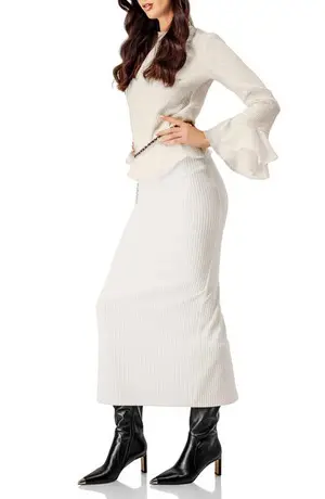 IVONNE Long Sleeve Ruffled Cuff Textured Blouse - Natural