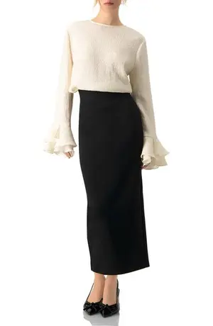 IVONNE Long Sleeve Ruffled Cuff Textured Blouse - Natural