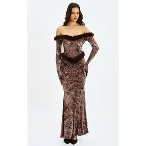 MISS CIRCLE NEW YORK Sweetheart Bardot Faux Fur Velvet Mermaid Maxi Dress - Coffee