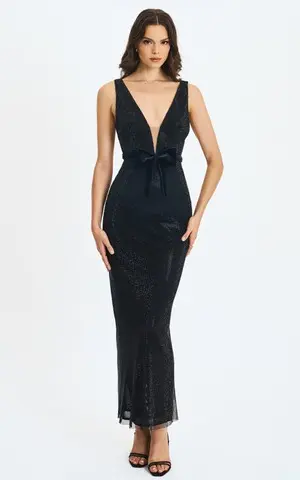 MISS CIRCLE NEW YORK Olympia Belted Bow Plunging Rhinestone Maxi Dress