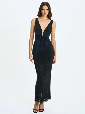 MISS CIRCLE NEW YORK Olympia Belted Bow Plunging Rhinestone Maxi Dress