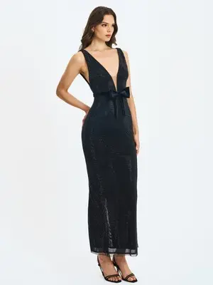 MISS CIRCLE NEW YORK Olympia Belted Bow Plunging Rhinestone Maxi Dress
