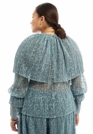 JUNE + VIE Ruffled Lace Cape Blouse - Mountain Spring