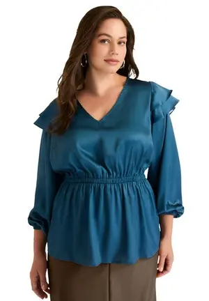JUNE + VIE Satin Peplum Top With V-neckline And Ruffle Detail