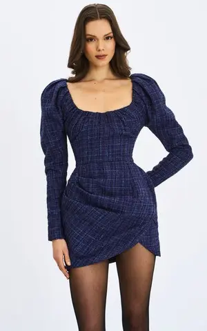MISS CIRCLE NEW YORK Denise Tweed Ruched Puff Sleeve Mini Dress - Navy