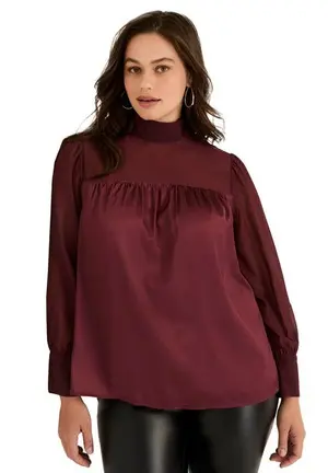 JUNE + VIE Satin Mockneck Blouse