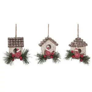 TRANSPAC Resin Cardinal Bird House Ornament Set Of Three Home Decor - Multicolored