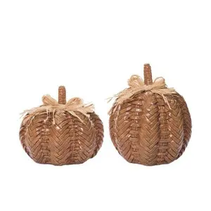 TRANSPAC Harvest Rattan Style Pumpkin Set Of 2 Decorative Decor - Orange