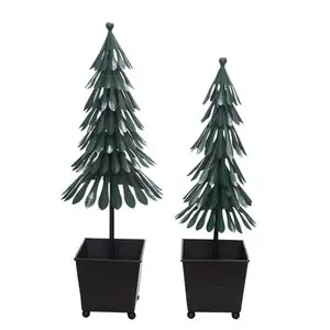 TRANSPAC Multicolor Metal Christmas Tree In Pot Set Of 2 Decorative Accent