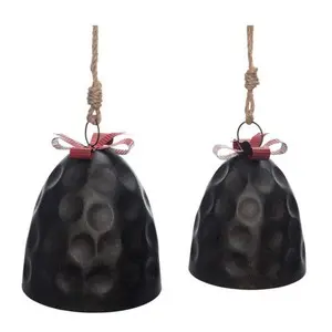 TRANSPAC Metal Christmas Bells With Bow Set Of 2 For Holiday Decor - Brown